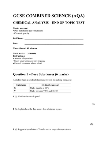 Combined Science Chemical Analysis End-of-Topic Test | Teaching Resources