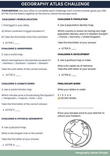 Atlas Skills Escape Independent Challenge Activity KS3 & GCSE Geography ...