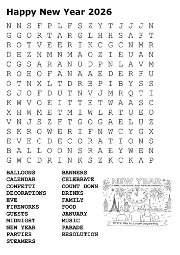 Happy New Year 2026 Word Search and Color | Teaching Resources