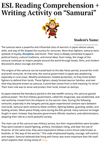 ESL Reading Comprehension + Writing Activity Worksheets on Samurai ...
