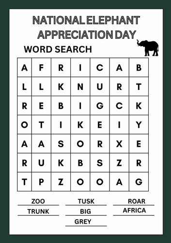 National Elephant Appreciation Day Word Search, September 22nd ...
