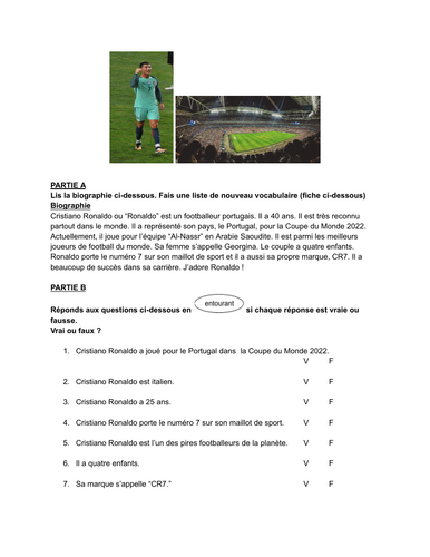 French reading comprehension - Biography of Cristiano Ronaldo ...