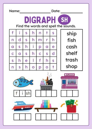 Interactive Phonics Digraph 'SH' Worksheets: Name, Unscramble ...