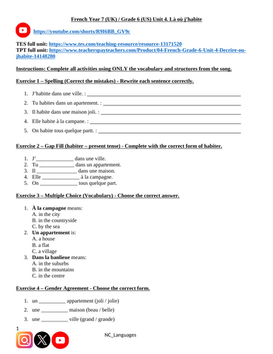 04. FRENCH SONG Year 7. Unit 4: Là où j'habite (Lyrics, Worksheet and ...