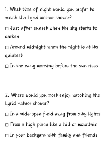 Lyrid Meteor Shower: Your Stargazing Preferences Printable Question ...
