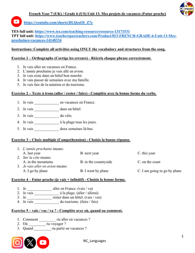 013. FRENCH SONG Year 7. Unit 13: Mes prochaines vacances (Futur proche ...