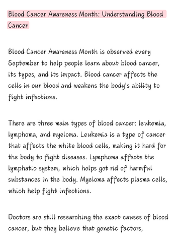 Reading Comprehension for Blood Cancer Awareness Month: Types, Causes ...