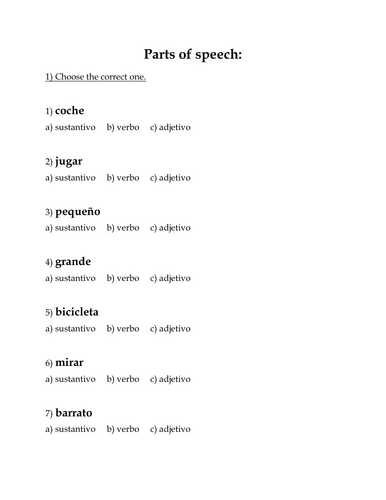 Parts of Speech in Spanish Worksheets | Teaching Resources