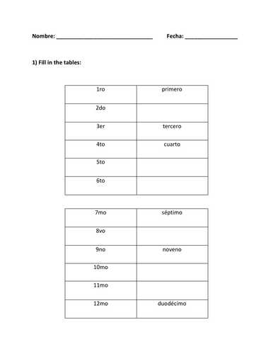 Ordinal Numbers in Spanish Worksheets | Teaching Resources