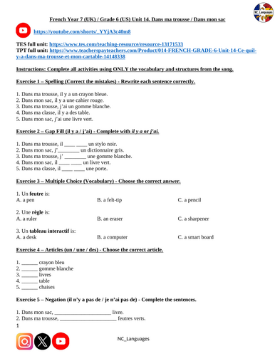 014. FRENCH SONG Year 7. Unit 14: Dans ma trousse/mon sac/mon cartable ...