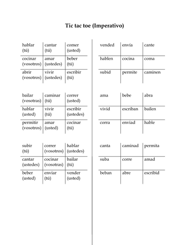 Tic Tac Toe Imperativo (verbos regulares) Worksheet | Teaching Resources