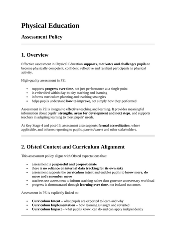 Physical Education Assessment Policy & Staff Guide Ofsted-Aligned Fully ...