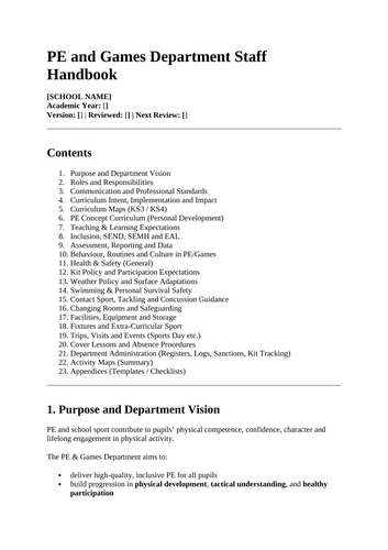 PE Department Staff Handbook Secondary Ofsted-Aligned Fully Editable ...