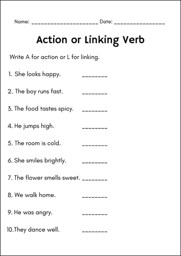 Verbs Worksheets (action, helping, linking) - Grammar Worksheets/Daily ...