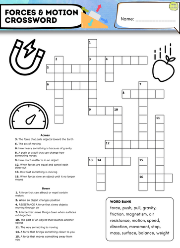 Forces and Motion Crossword – Science Vocabulary (With and Without Word ...