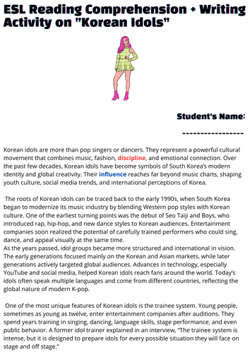 ESL Reading Comprehension + Writing Activity Worksheets on Korean Idols ...