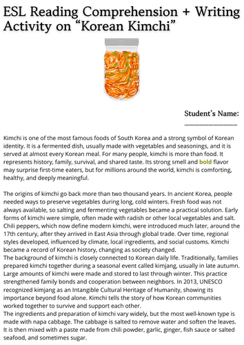 ESL Reading Comprehension + Writing Activity - Kimchi - Korea - Spicy ...