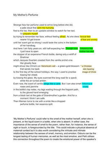 "My Mother's Perfume" GCSE ENGLISH LITERATURE A* ANALYSIS | Teaching ...
