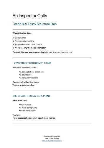 An Inspector Calls – GCSE English - Grade 9 Essay Structure Plan ...