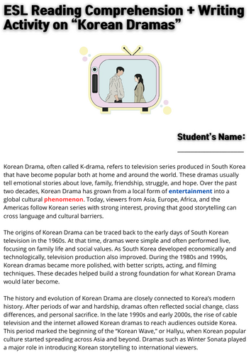 ESL Reading Comprehension + Writing Activity Worksheets - Korean Drama ...