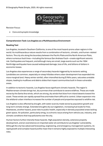 Multi-Hazard Environment Comprehension Worksheet; Los Angeles ...