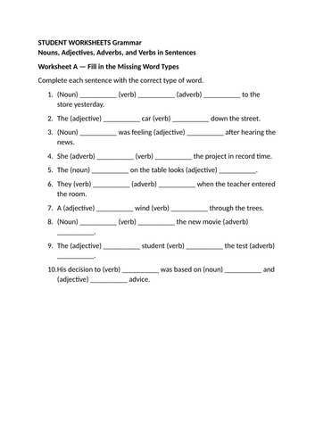 Grammar Nouns, Adjectives, Adverbs, and Verbs in Sentences | Teaching ...