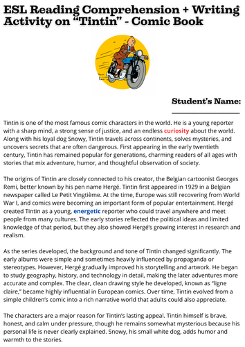 ESL Reading Comprehension + Writing Activity on "Tintin" - Belgian ...