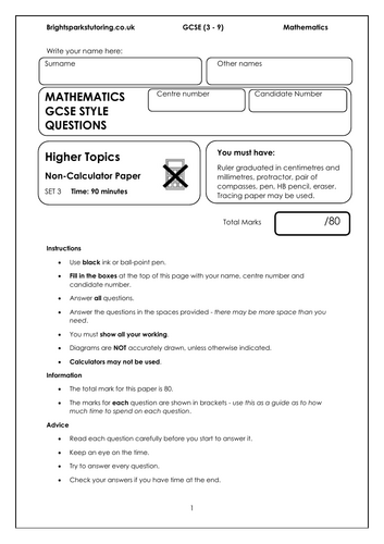 GCSE Maths Higher Non-Calculator Practice Papers | 3 Full Papers + Mark ...