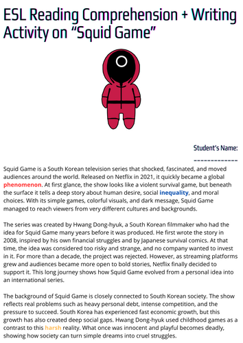 ESL Reading Comprehension + Writing Activity - Squid Game - Korean TV ...