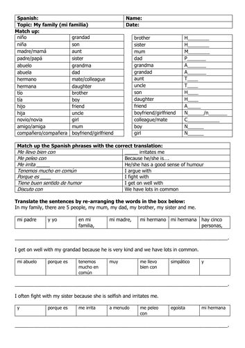 Spanish Mi familia Worksheet | Teaching Resources