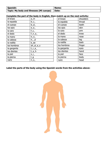 Body parts and illnesses Worksheet Spanish | Teaching Resources