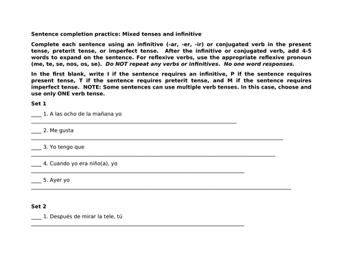 Sentence completion practice: Mixed tenses and infinitive (Spanish ...