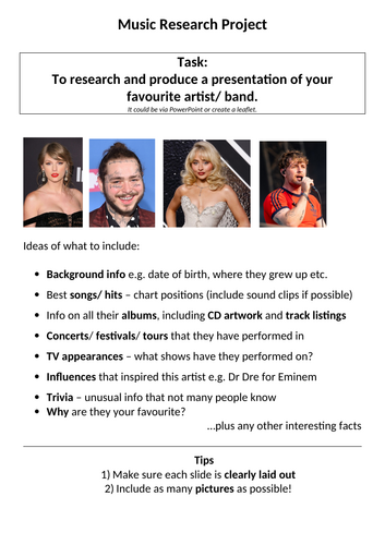 Snow Day/Cover - Pop Music Research Task KS3 | Teaching Resources