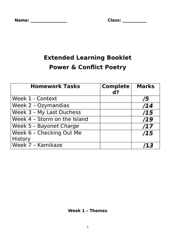 Power & Conflict Poetry homework booklet | Teaching Resources