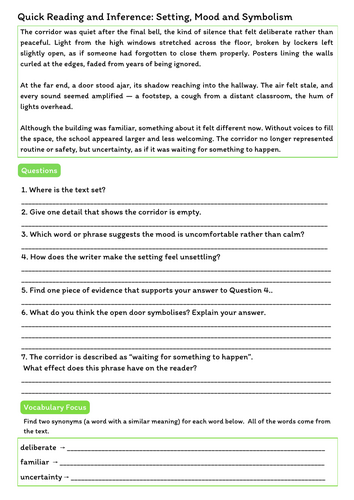 Quick Reading Inference Worksheets | Setting, Mood & Symbolism | Year 9 ...