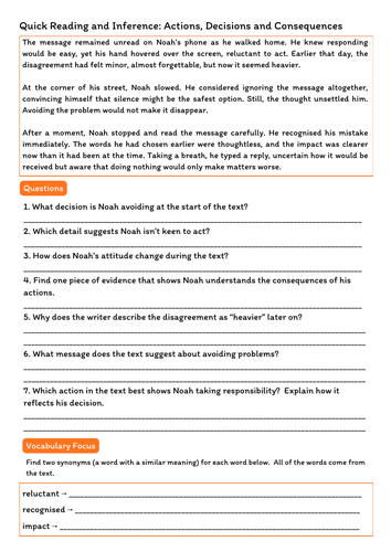 Year 9 Reading and Inference – Actions, Decisions and Consequences (Pre ...