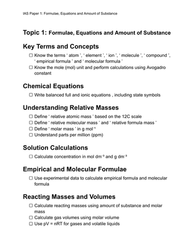 IAL Edexcel Chemistry student friendly checklists for papers 1 and 2 ...