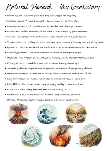 GCSE Geography - Natural Hazards Key Vocabulary | Teaching Resources