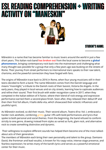 ESL Reading Comprehension + Writing Activity - Måneskin - Italian Rock ...