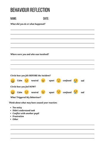 Behaviour Reflection Worksheet | Teaching Resources