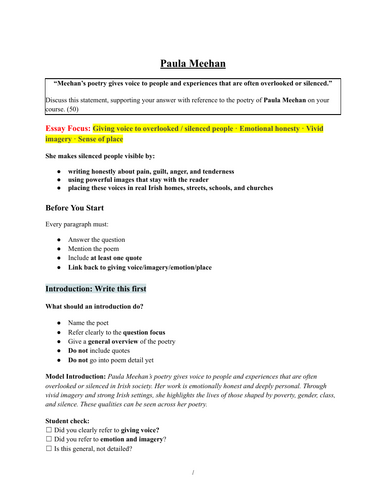 Paula Meehan Essay Writing Pack - Leaving Certificate English ...