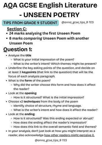 GRADE 9 - AQA ENGLISH GCSE- Unseen Poetry Guide | Teaching Resources