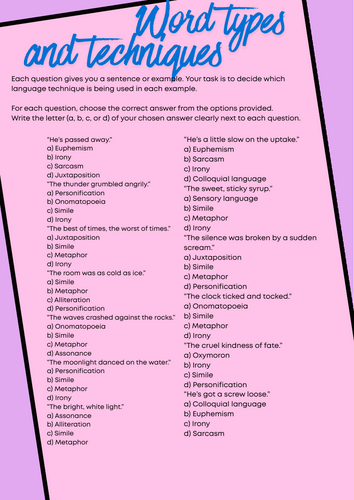 Word Types and Language Techniques Multiple Choice Quiz | Teaching ...