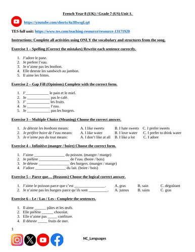 01. FRENCH SONG Year 8. Unit 1: Qu'-est-ce que tu aimes manger ...