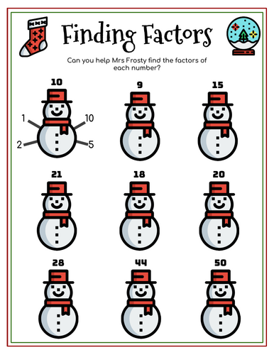 Christmas Snowman Factor Pairs Worksheets | Winter Math Activities for ...