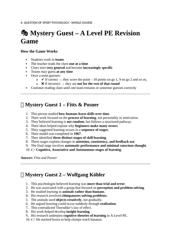 A Level PE – End of Course Revision Games Sport Psychology & Skill ...