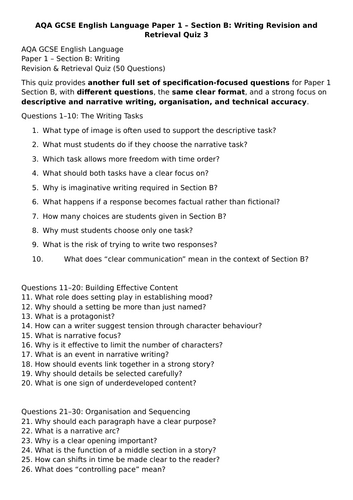 AQA English Language Paper 1 Section B Revision and Retrieval Quiz 3 ...