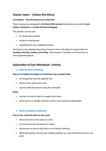 Pre-Entry ESOL Clothes Vocabulary Pack | Worksheets, Speaking ...
