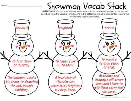 Snowman Vocab Stack – Vocabulary Word, Definition & Sentence Worksheet ...