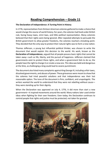 The Declaration of Independence: Reading Comprehension and Historical ...